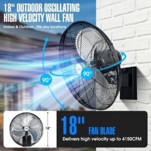 iLiving 18" Outdoor Oscillating High Velocity Wall Fan with 4150 CFM Heavy Duty Weatherproof Motor, Variable Speed Adjustment for Workshop, Garage, Patios, Commercial and industrial, 18 inch,Black