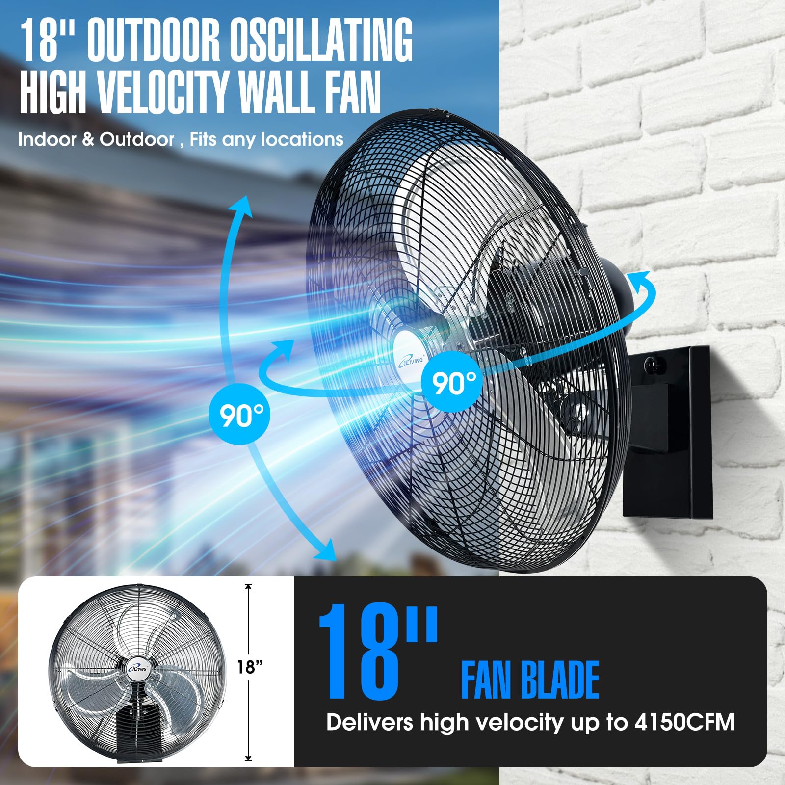 iLiving 18" Outdoor Oscillating High Velocity Wall Fan with 4150 CFM Heavy Duty Weatherproof Motor, Variable Speed Adjustment for Workshop, Garage, Patios, Commercial and industrial, 18 inch,Black