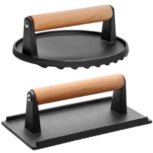 cekee burger press set of 2, cast iron grill press with wood handle, 7" round & 8.2"x 4.3" rectangle, heavy-duty hamburger smasher tool perfects for blackstone griddle, flat tops & meat grill