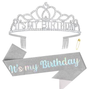 aco-uint birthday crown for women, silver birthday headband birthday sash it's my birthday crown, birthday girl crown birthday tiara birthday decorations birthday gifts