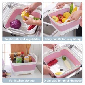 2.4 Gal(9L) Collapsible Dish Basin with Drain Plug, Space Saving Outdoor Multiuse Foldable Sink Tub, Dishpan, Kitchen Storage Tray for Camping, Vegetable Washing, RV (Pink)