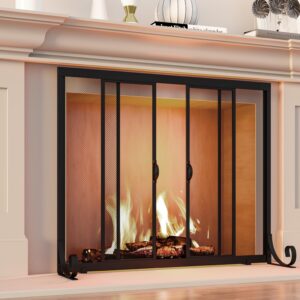 Fire Beauty Fireplace Screen, Wrought Iron Mesh, Baby Safe Spark Guard Protector with 2-Doors Large Flat Guard Screens (37.8 x 30.7 Inch)