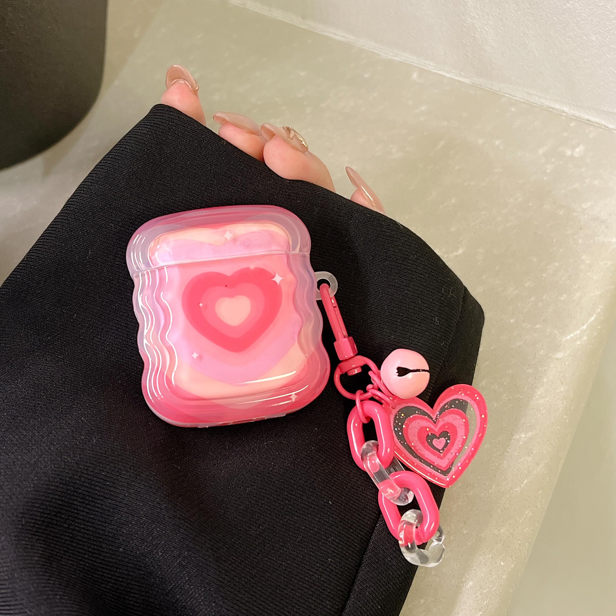 Srddty Compatible with AirPods Case Cute, Wave Design Shockproof Protective Airpod Case Cover for Girls Women with Keychain Designed for AirPods 1st & 2nd Generation, Pink Heart