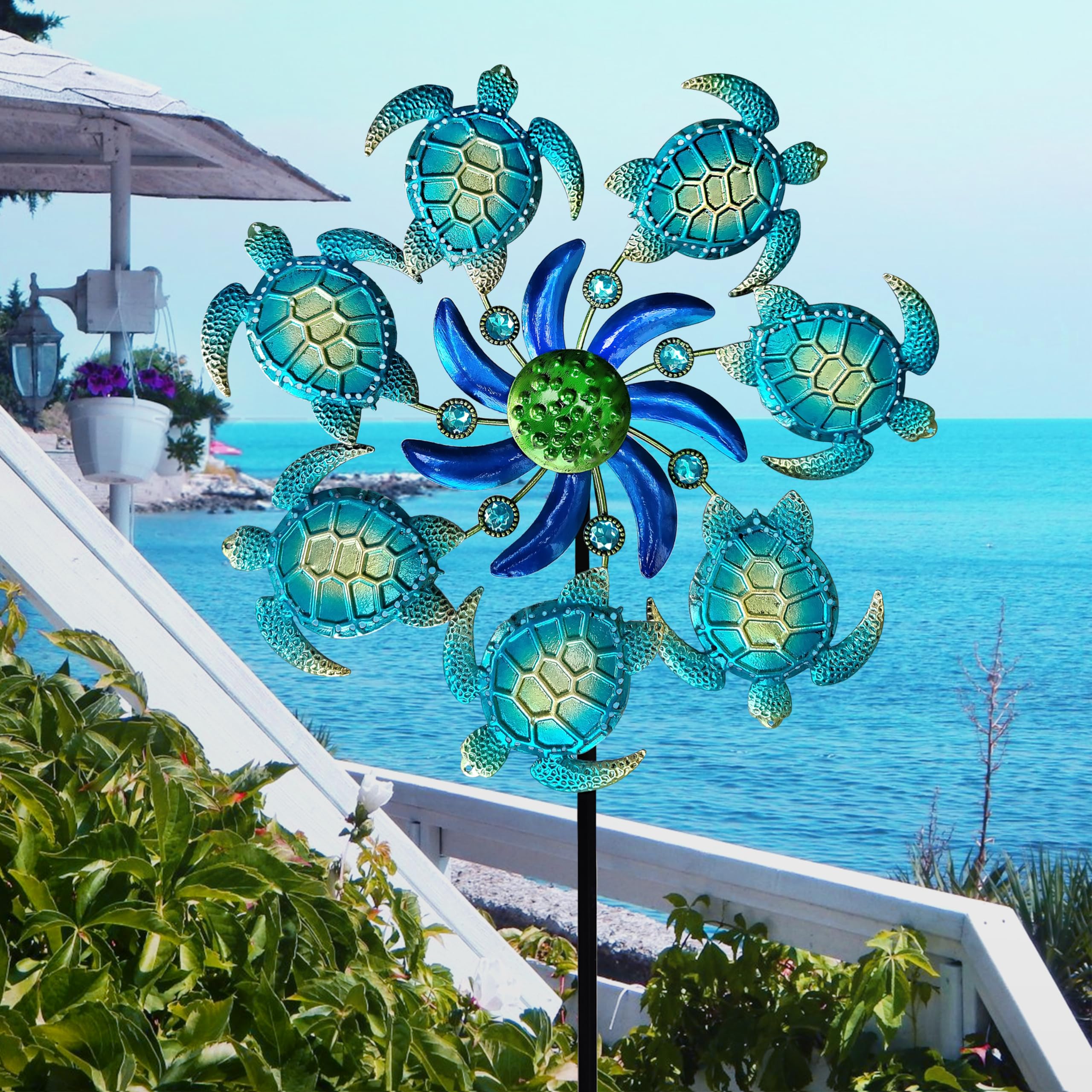 COOZZYHOUR 39" Sea Turtle Wind Spinners Garden Stake-Ocean Theme Outdoor Decorations- Metal Stake Yard Spinner-Wind Sculpture Yard Art Decorations for Patio,Swimming,Lawn & Garden Decor