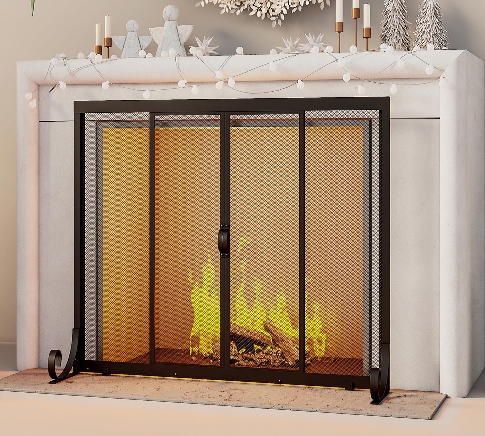 Fire Beauty Fireplace Screen, Wrought Iron Mesh, Baby Safe Spark Guard Protector with 2-Doors Large Flat Guard Screens (37.8 x 30.7 Inch)