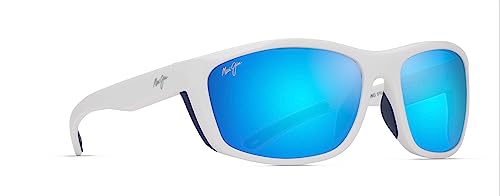 Maui Jim Men's and Women's Nuu Landing Polarized Wrap Sunglasses, White w/Navy Rubber/Blue Hawaii, Medium