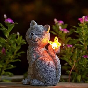 nacome solar cat outdoor statues for garden: outside decor with butterfly clearance for yard art lawn ornaments porch patio balcony home house - birthday gifts for grandma mom women