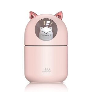 yunlovxee cat small humidifier for bedroom - 300ml mini cool mist humidifiers with night light, 2 spray modes, ultra-quiet, portable personal air humidifier for women kids room office desk car (pink)