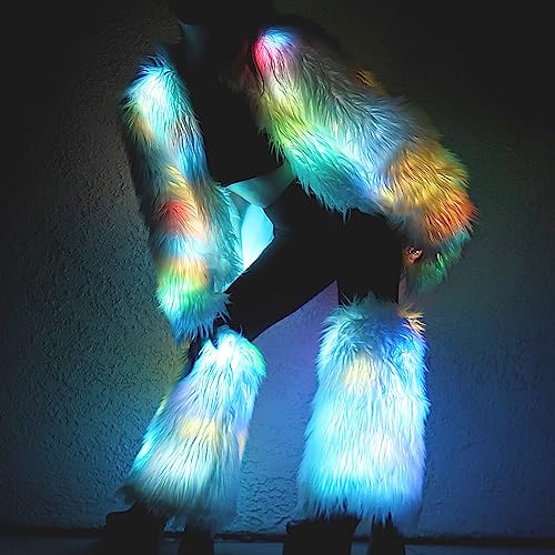 SBOCCIANO Led Fur Leg Warmers For Women Light Up Fluffies White Leg Sleeves 80S Dance Gear