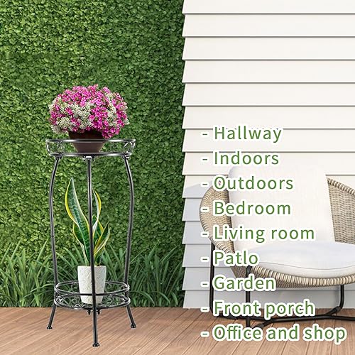 Plant Stand Indoor Outdoor 2 Tier 27" Tall Metal Potted Holder Rack Flower Pot Stand Heavy Duty Plant Shelf Rustproof Iron Multiple Plant Round Supports Rack for Planter Corner Garden Balcony Patio