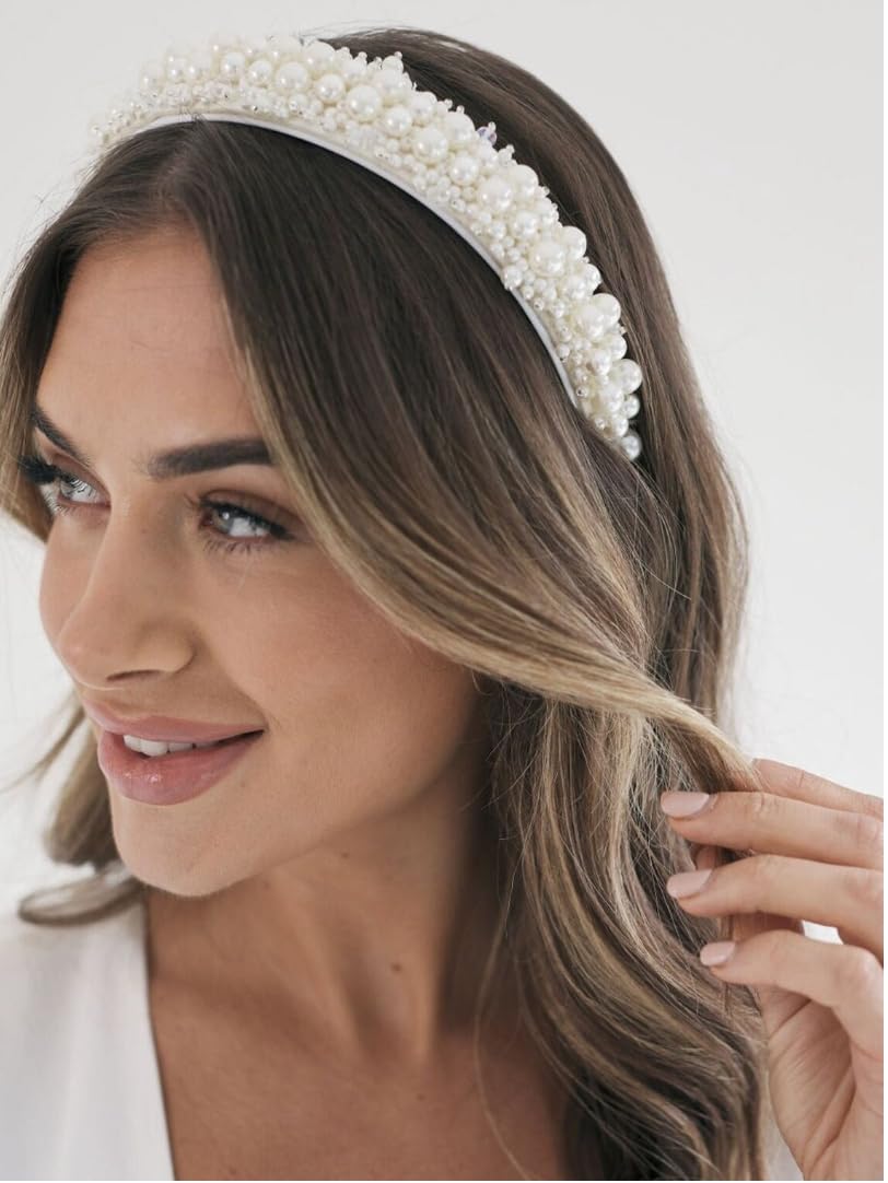 WOVOWOVO Women's Pearl Bridal Headband with Rhinestones - Elegant Hair Hoop and Hairbands Accessories for Wedding and Brides