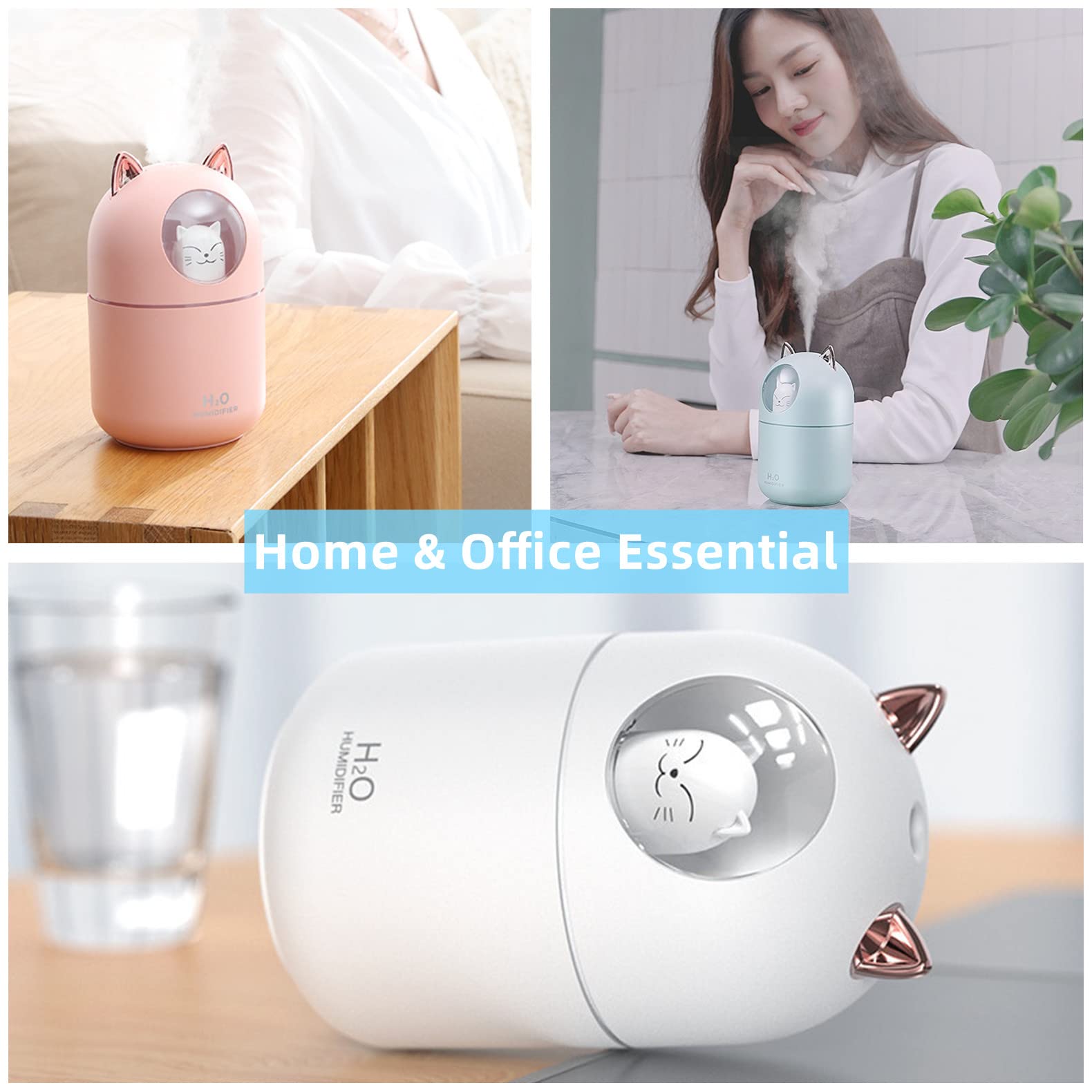 YUNLOVXEE Cat Small Humidifier for Bedroom - 300ml Mini Cool Mist Humidifiers with Night Light, 2 Spray Modes, Ultra-Quiet, Portable Personal Air Humidifier for Women Kids Room Office Desk Car (Pink)