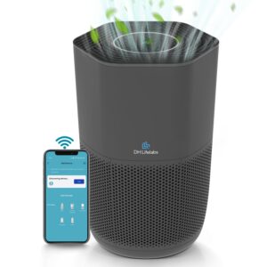 dh lifelabs hepa air purifier, wifi smart air purifier for dorm, home, living room, bedroom, h13 truehepa filter captures allergies, ionizer eliminates pet odor eliminate, for up to 1026 sqft, black