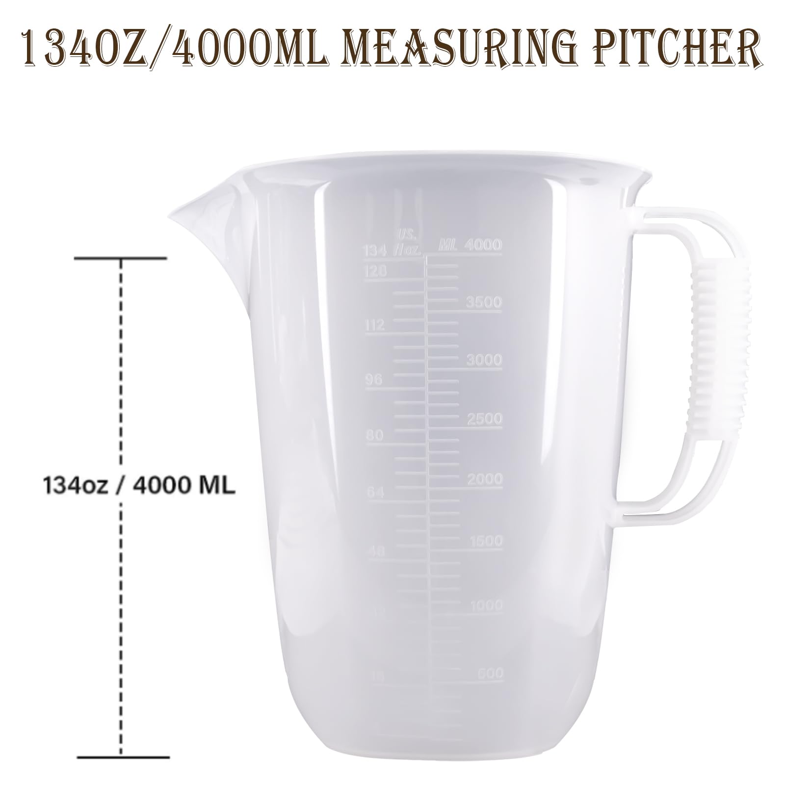 1 Gallon Measuring Pitcher, Large Measuring Cup with Spout and Handle, 134oz Plastic measuring pitcher with Conversion Chart, 1 Gallon Measuring Container for Motor Oil, Chemicals, Pools, Lawns