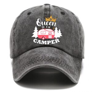 pishovi queen of the camper funny distressed washed black baseball cap, vintage adjustable cotton cap, retirement gifts for men and women, birthday gift for mom wife sister bff camping lovers