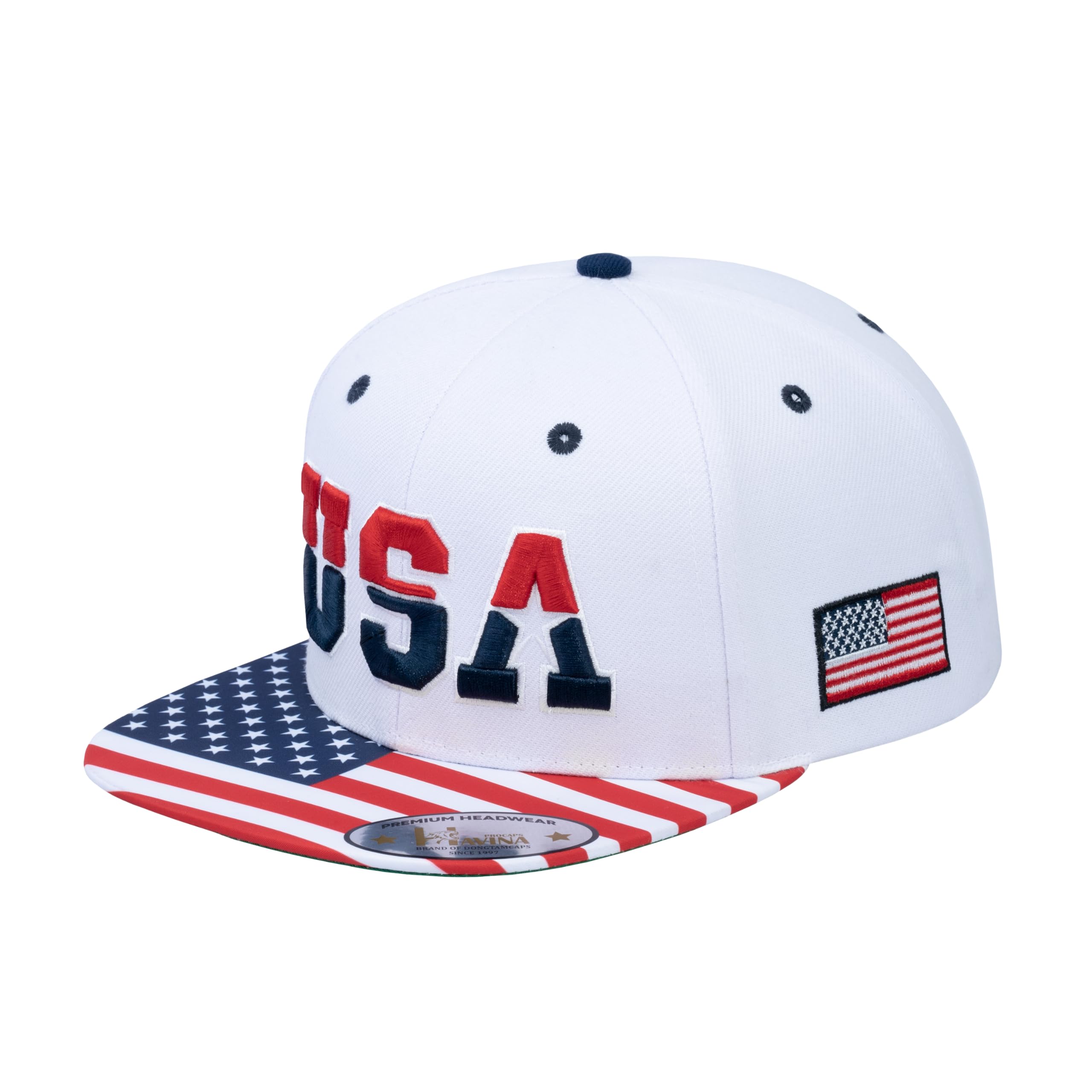 HAVINA PRO CAPS - Embroidered Classic US American Flag - 6 Panel Snap Baseball Cap - White/White