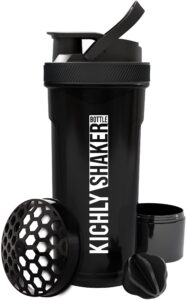 kichly shaker bottle 1 pack - 24 ounce plastic protein shaker bottle for pre & post workout with twist & lock protein box storage (black)