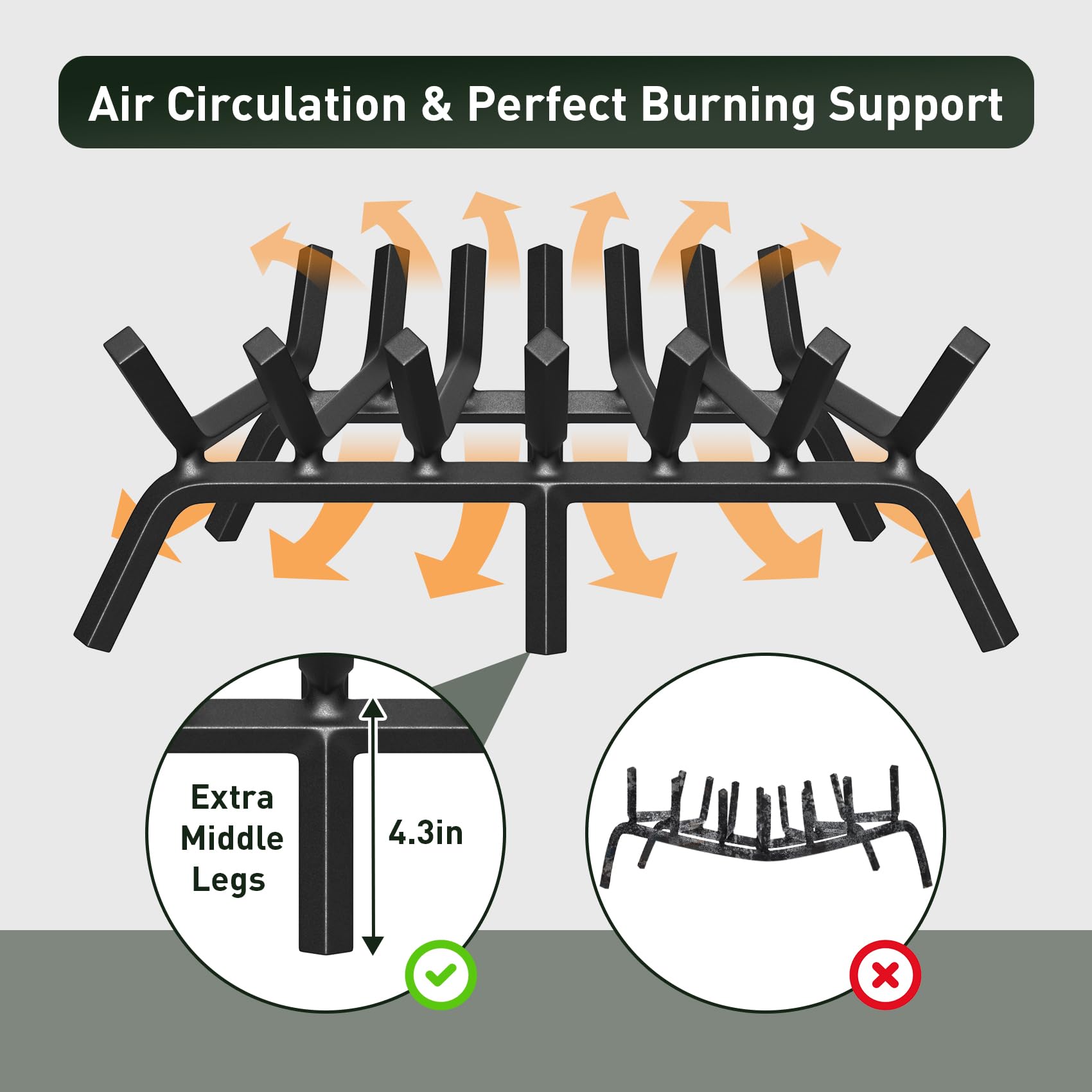 MESTYL Fireplace Grate 24 Inch Heavy Duty Wrought Iron Fireplace Log Grate, 3/4" Bar Fire Grates with Fire Log Tongs, Firewood Log Burning Rack for Outdoor Wood Stove Pit & Fireplace Log Holder Indoor