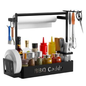 zddloinp grill caddy, bbq caddy with paper towel holder for plate cutlery, flatware caddy picnic condiment caddy with 4 hooks, grill utensil caddy for outdoor barbecue accessories organizer