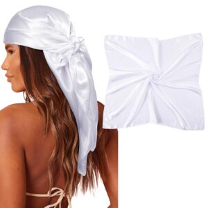 awaytr 35" large square satin head scarf - silk hair scarf square hair bandanas large scarf sleeping head wraps for women (white)