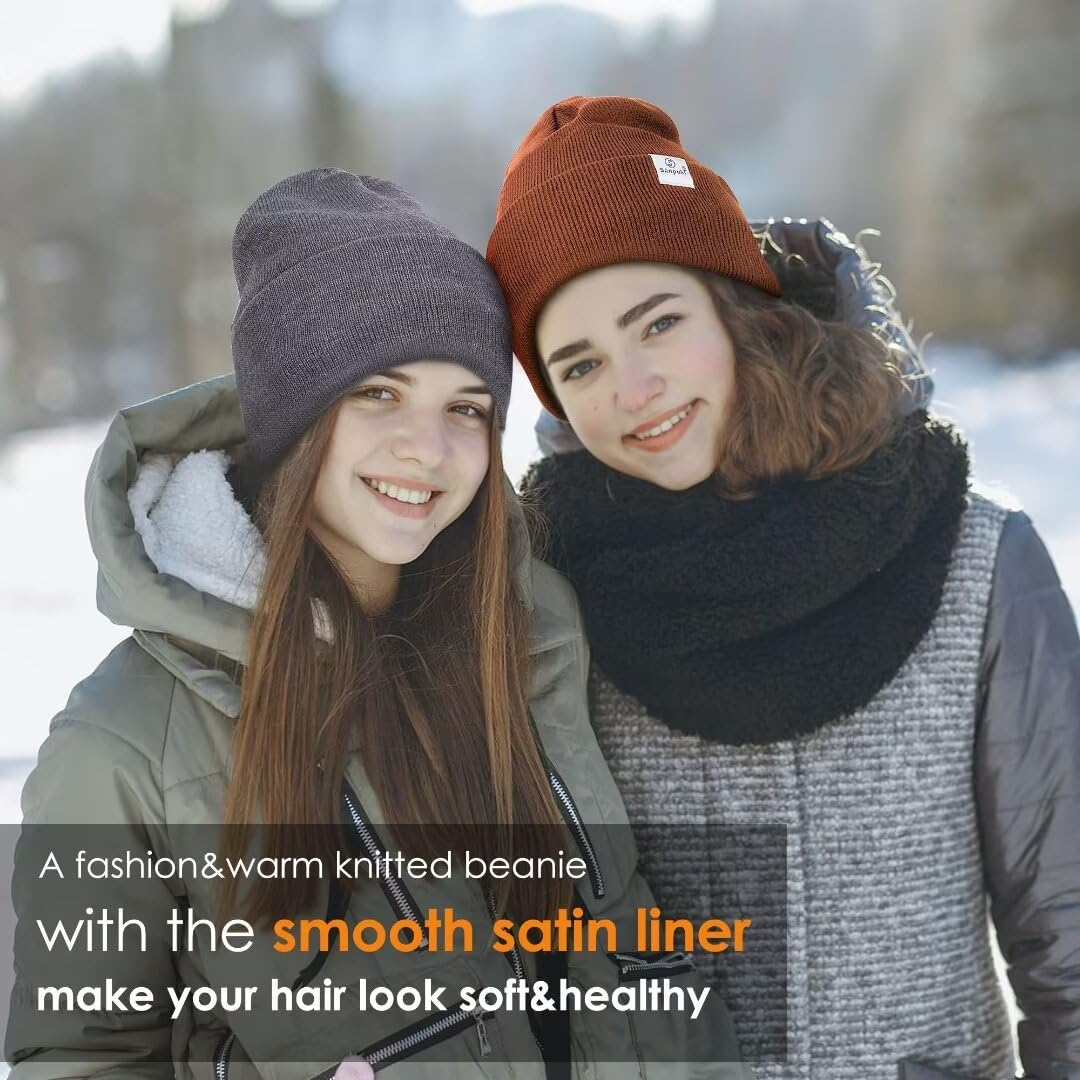 3 Pack Satin Lined Winter Beanie Hats for Women Men,Silk Lined Beanie Knit Soft Warm Cuffed Hat(Black+Dark Gray+Caramel)