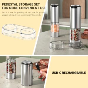 CIRCLE JOY Rechargeable Electric Salt and Pepper Grinder Set with Base, Stainless Steel Pepper Mills with Washable 95ml Container, White LED Light and Adjustable Coarseness, Silver