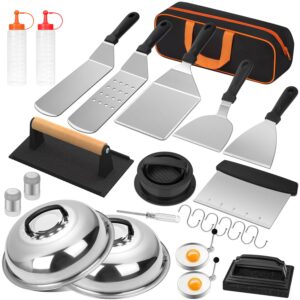 griddle accessories kit, 25pcs flat top grill accessories set for blackstone and camp chef, grill spatula set with enlarged spatulas, basting cover, scraper, carry bag for outdoor bbq