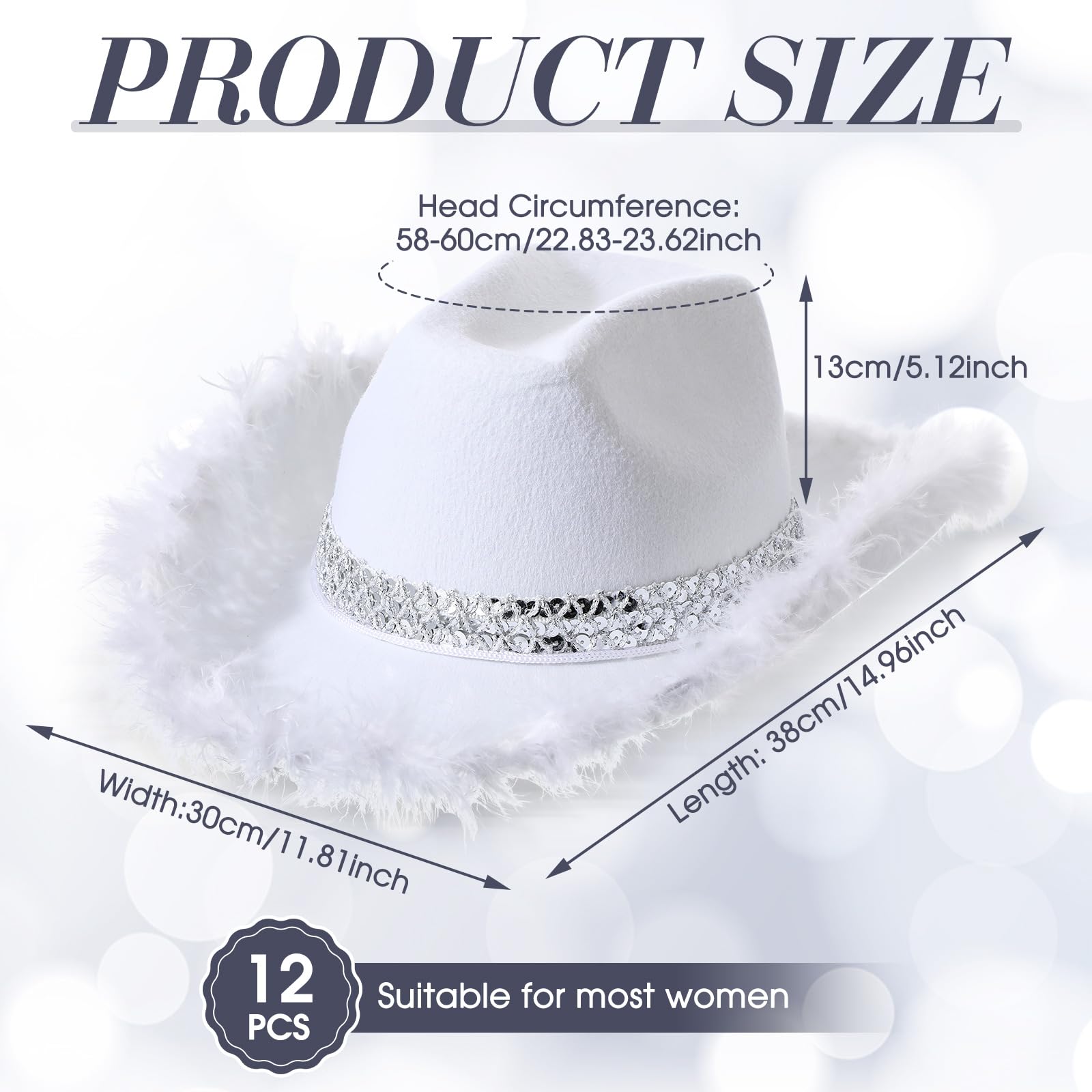 Unittype 12 Pcs Feather Sequin Cowgirl Hat for Women Party Birthday Halloween Western Costume Role Playing (White)