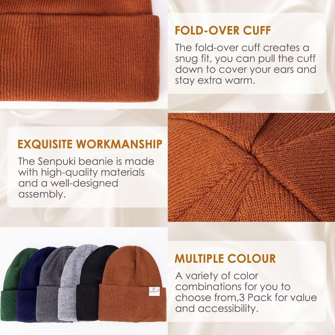 3 Pack Satin Lined Winter Beanie Hats for Women Men,Silk Lined Beanie Knit Soft Warm Cuffed Hat(Black+Dark Gray+Caramel)