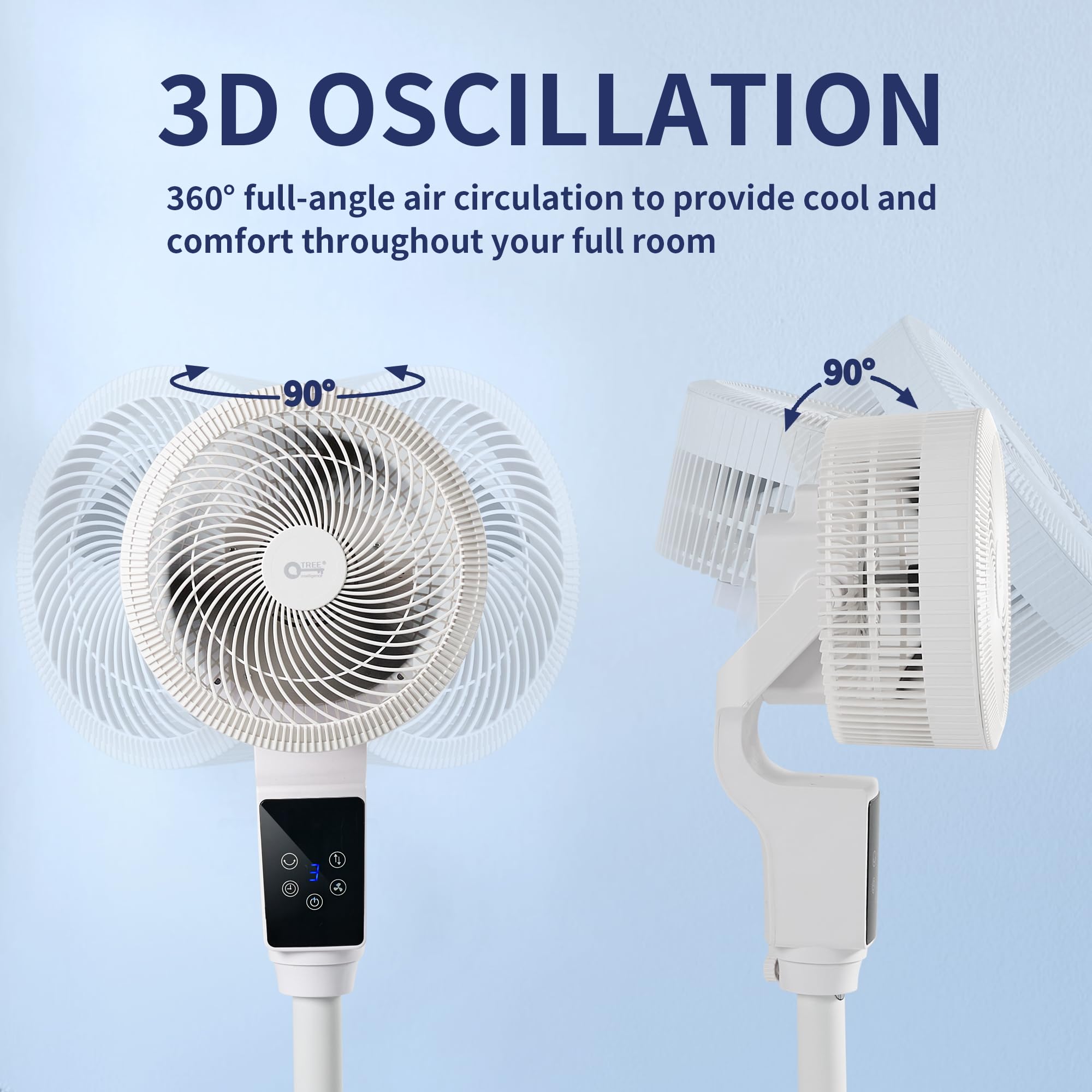 QTREE intelligence Oscillating Pedestal Fan, 360° Air Circulator Fan, 43.3inch Adjustable Height 11.8'' Standing Fan, Timer, 3 Modes, Smart Remote Control for Home, Office, Kidroom,Living Room