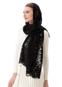 pamor women rectangular chapel veil scarf catholic church veils mantilla wrap shawl mass head covering (black)