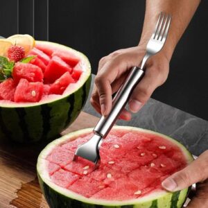 2-In-1 Watermelon Fork Slicer, Dual Head Stainless Steel Fruit Forks Slicer Knife, Summer Portable Fruit Cutting Knife Fork, Watermelon Cubes Carving Tool Kitchen Gadgets for Family Parties Camping