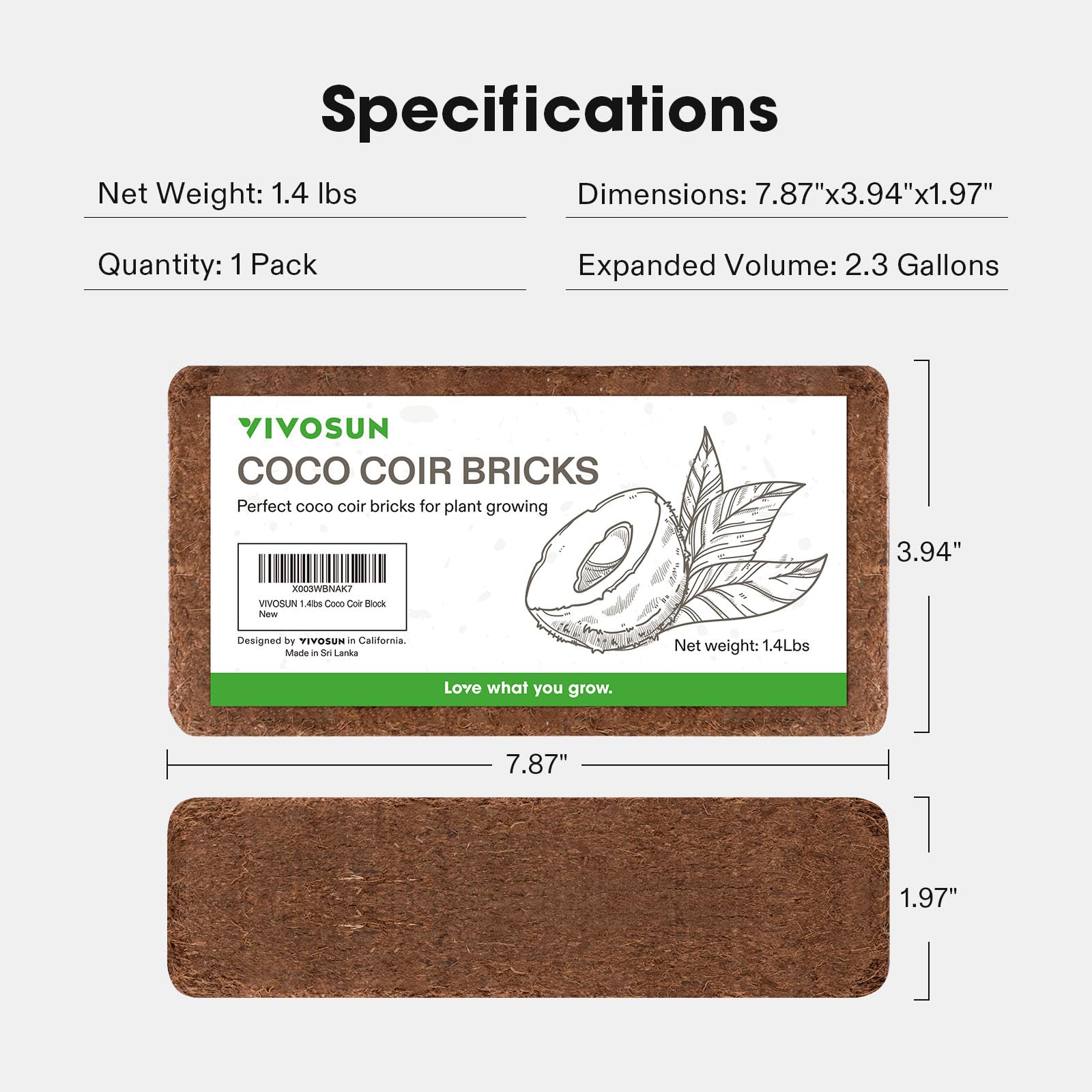 VIVOSUN Coco Coir Brick, 1.4lbs 100% Natural Organic Compressed Coconut Coir Fiber with Low EC, PH Balance & High Nutrition, Coconut Fiber Substrate, Coconut Soil for Plants