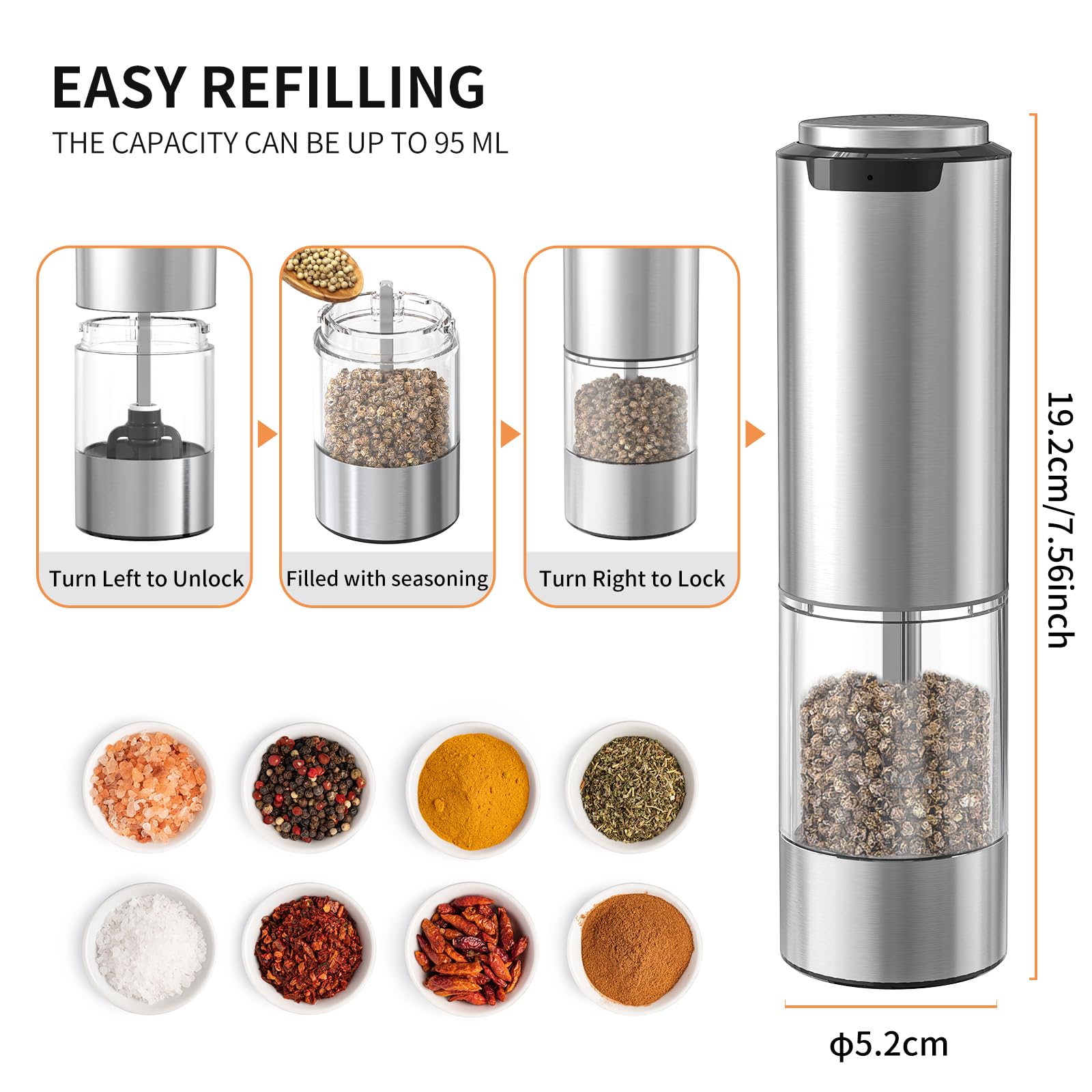 CIRCLE JOY Rechargeable Electric Salt and Pepper Grinder Set with Base, Stainless Steel Pepper Mills with Washable 95ml Container, White LED Light and Adjustable Coarseness, Silver