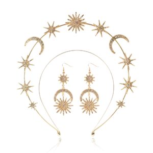 puwuto halo crown - stars crystal goddess headband with earrings mary metal halo headpiece celestial crowns tiaras for women bridal wedding costume cosplay party goddess accessories - gold, metal,