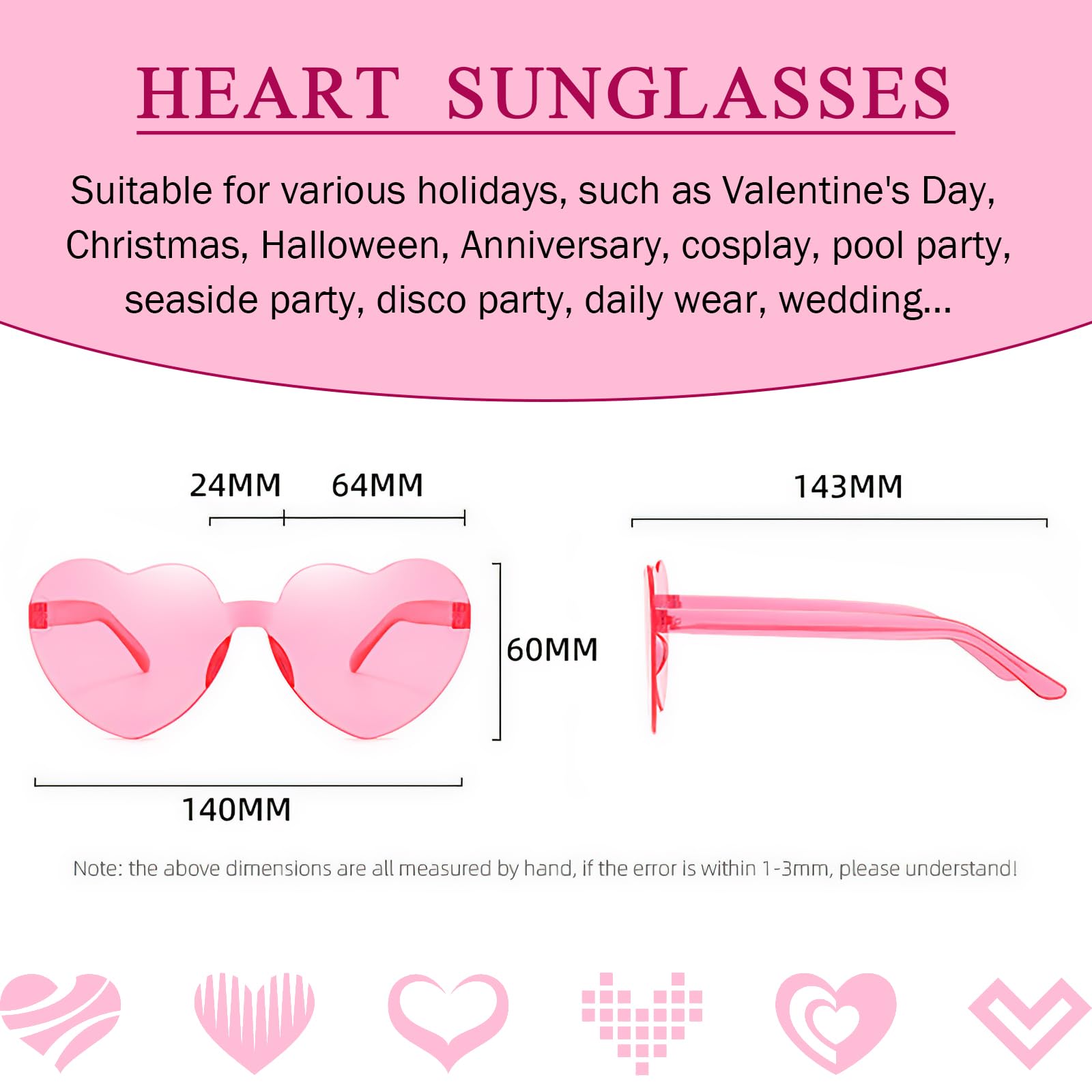 24 Pack Heart Sunglasses Rimless Heart Shaped Glasses Candy Heart Sunglasses for Women Colored Sunglasses Party Favors (Pink)