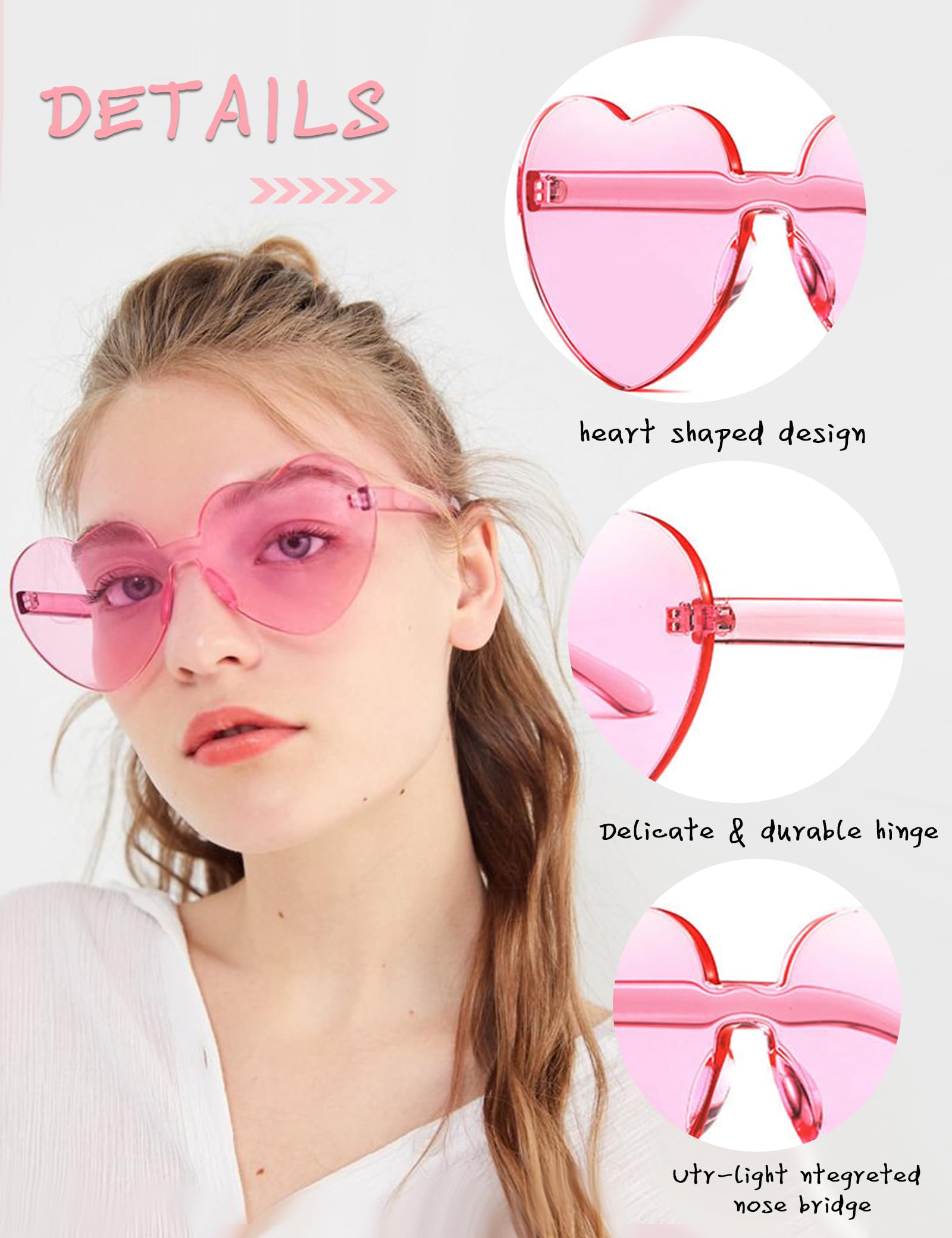 MIUSKATL 18 Pairs Heart Sunglasses, Rimless Heart Shaped Sunglasses Pack, Bulk Heart Sunglasses for Women, Colored Party glasses (Pink)