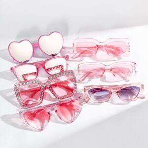 Geopty 10 Pack Pink Sunglasses for Women Bulk, Trendy Retro Mix Style Rectangle Cateye Crystal Heart Sunglasses Bachelorette Party Glasses Costume Accsessory