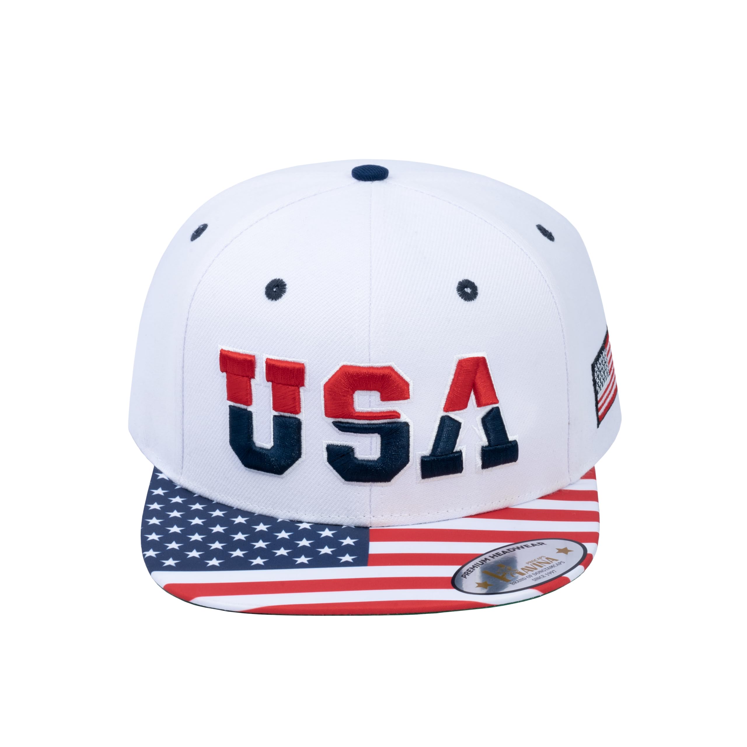 HAVINA PRO CAPS - Embroidered Classic US American Flag - 6 Panel Snap Baseball Cap - White/White