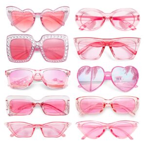 geopty 10 pack pink sunglasses for women bulk, trendy retro mix style rectangle cateye crystal heart sunglasses bachelorette party glasses costume accsessory