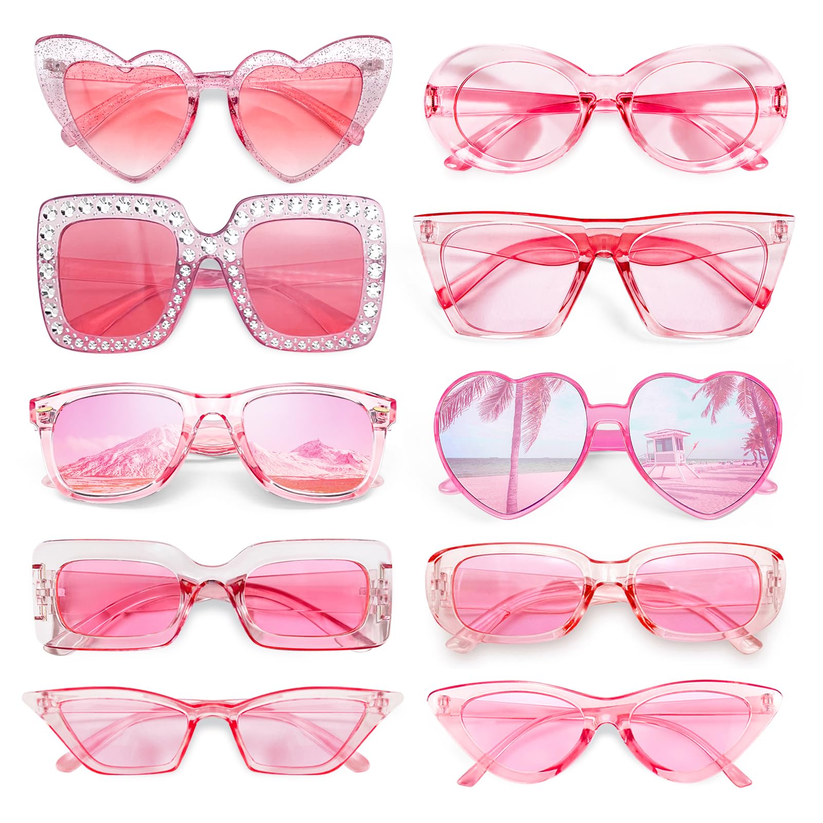 Geopty 10 Pack Pink Sunglasses for Women Bulk, Trendy Retro Mix Style Rectangle Cateye Crystal Heart Sunglasses Bachelorette Party Glasses Costume Accsessory