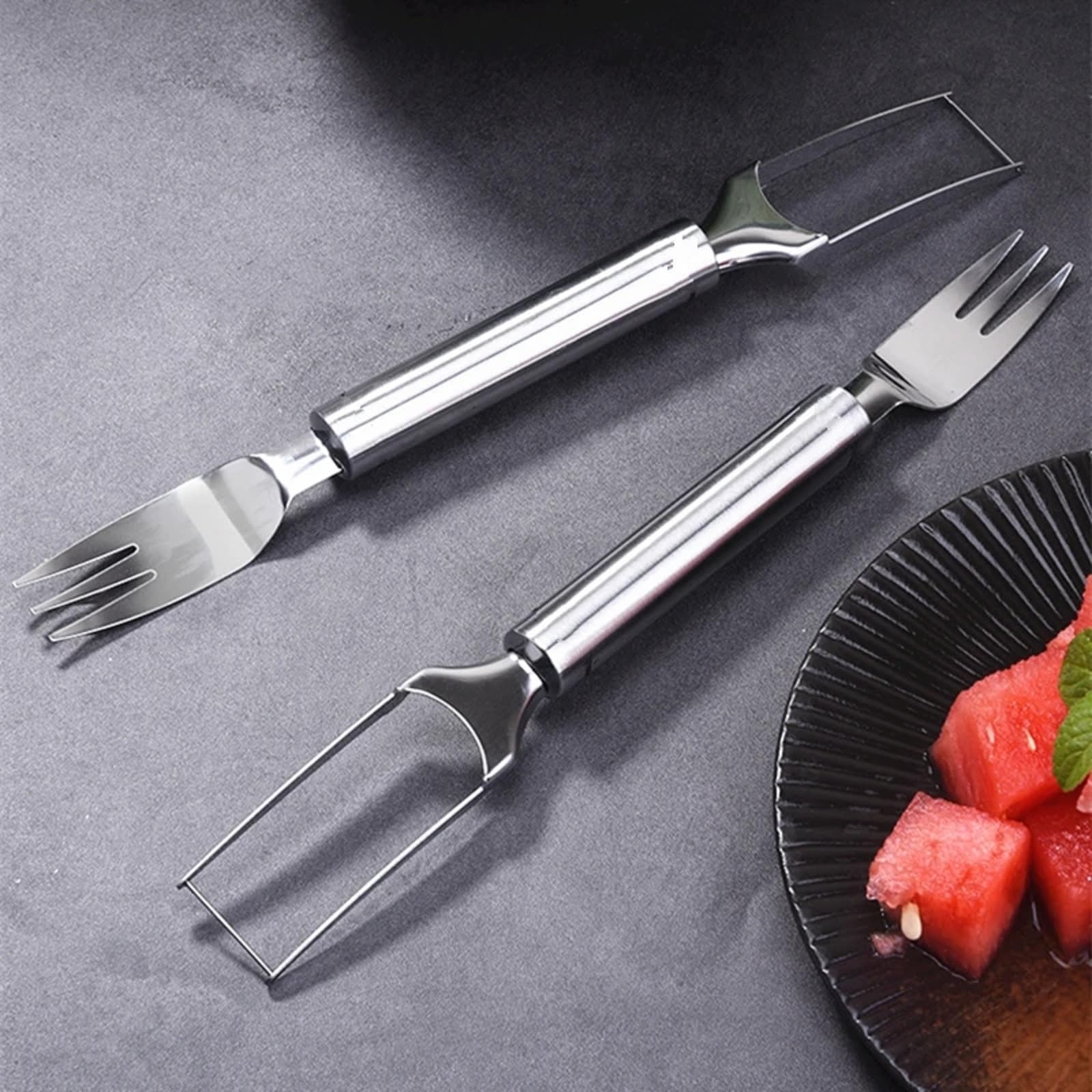 2-In-1 Watermelon Fork Slicer, Dual Head Stainless Steel Fruit Forks Slicer Knife, Summer Portable Fruit Cutting Knife Fork, Watermelon Cubes Carving Tool Kitchen Gadgets for Family Parties Camping