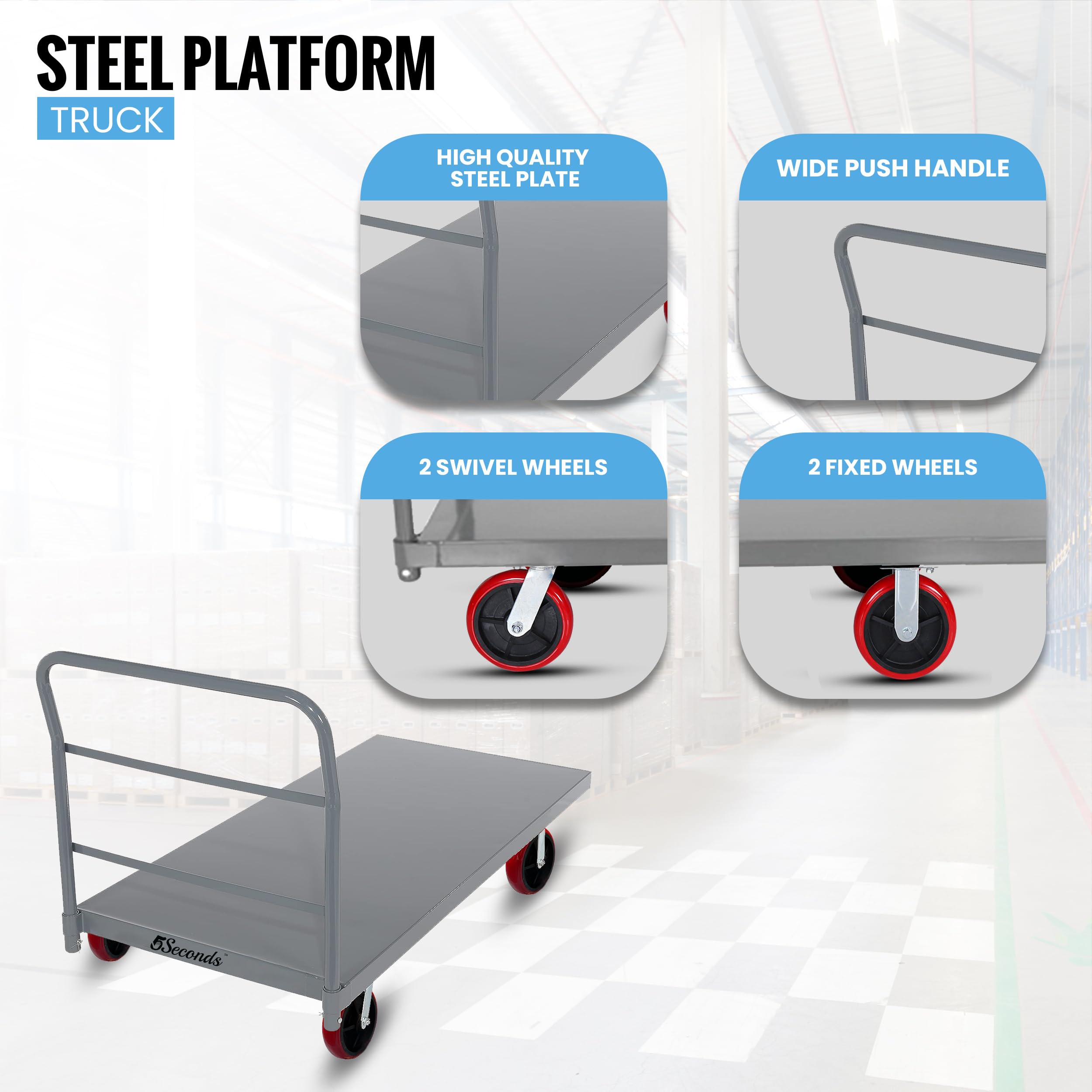 5Seconds Flatbed Platform Cart Industrial Dolly Cart Heavy Duty 60” x 30” Platform Hand Truck Push Cart Super Heavy Duty Flatbed Cart with 3000Lb Capacity 8'' Swivel Wheels Commercial Moving Cart