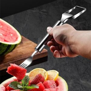 2-in-1 watermelon fork slicer, dual head stainless steel fruit forks slicer knife, summer portable fruit cutting knife fork, watermelon cubes carving tool kitchen gadgets for family parties camping