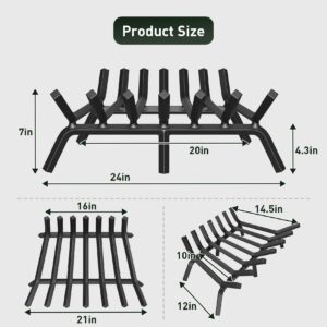 MESTYL Fireplace Grate 24 Inch Heavy Duty Wrought Iron Fireplace Log Grate, 3/4" Bar Fire Grates with Fire Log Tongs, Firewood Log Burning Rack for Outdoor Wood Stove Pit & Fireplace Log Holder Indoor