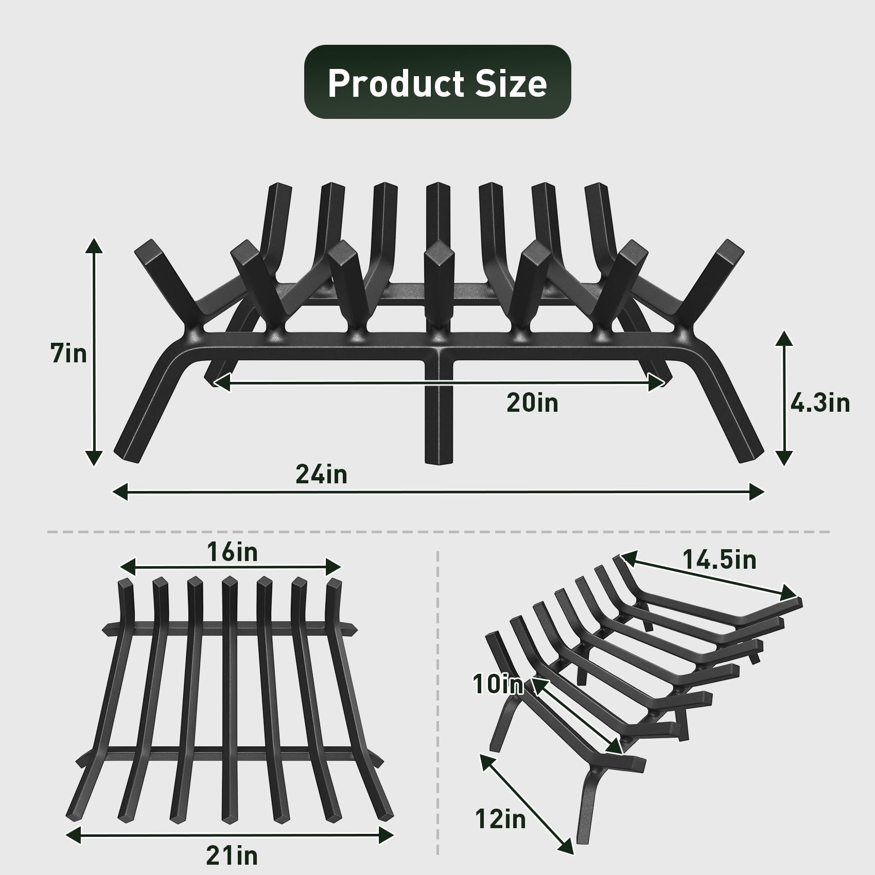 MESTYL Fireplace Grate 24 Inch Heavy Duty Wrought Iron Fireplace Log Grate, 3/4" Bar Fire Grates with Fire Log Tongs, Firewood Log Burning Rack for Outdoor Wood Stove Pit & Fireplace Log Holder Indoor