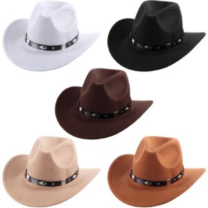 toulite 5 pieces cowboy hats for women men bulk classic western cowboy hat men felt wide brim cowgirl hats women belt buckle panama hat for adults kids