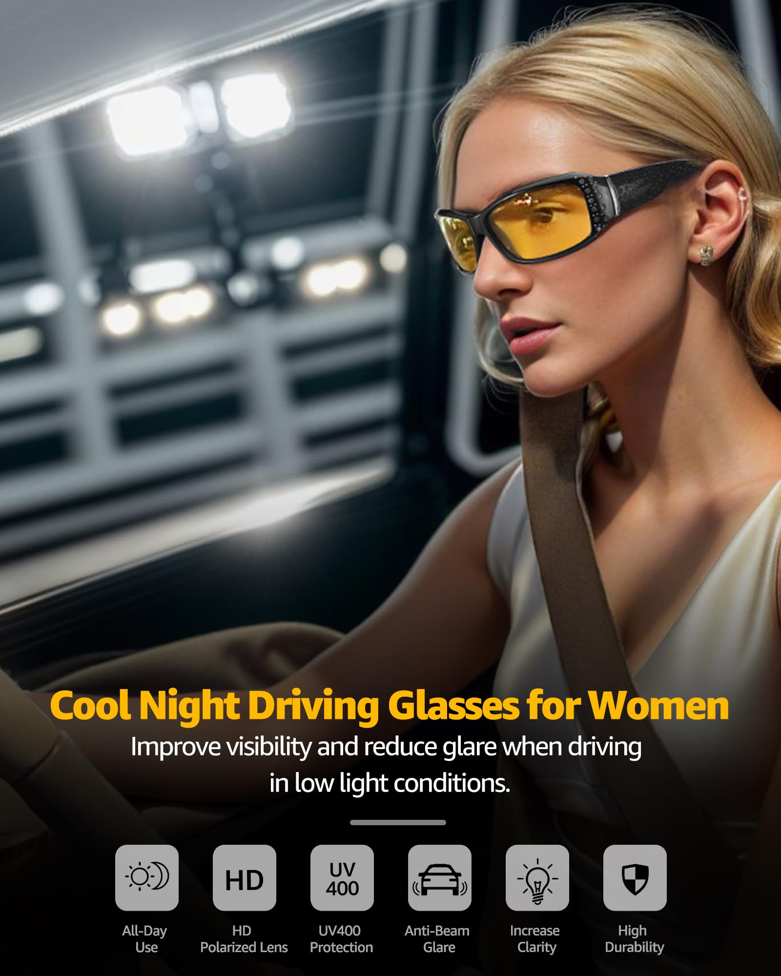 LVIOE Night Vision Pro Driving Glasses for Women Oval Anti Glare Polarized Astigmatism Yellow Glasses for Night Driving N010