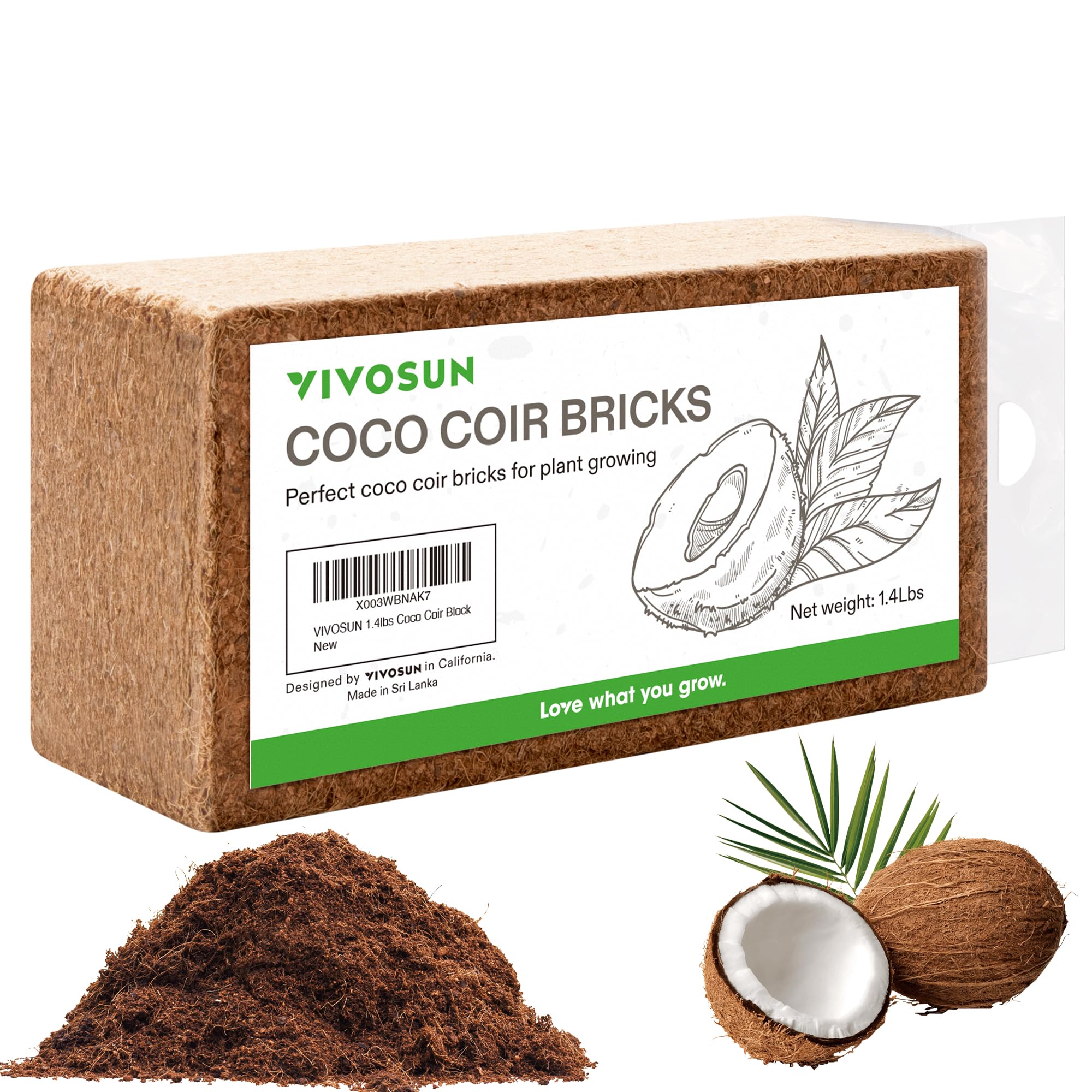 VIVOSUN Coco Coir Brick, 1.4lbs 100% Natural Organic Compressed Coconut Coir Fiber with Low EC, PH Balance & High Nutrition, Coconut Fiber Substrate, Coconut Soil for Plants