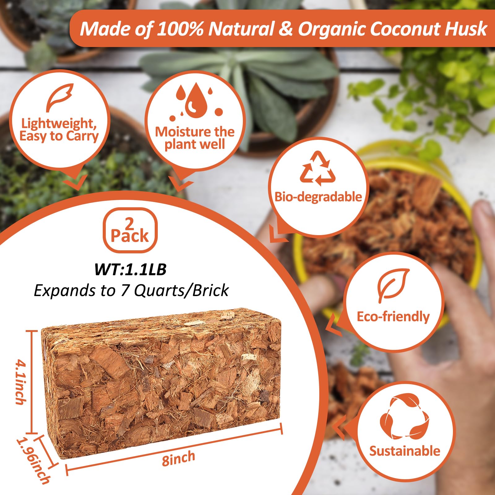 Riare 2 Pack Coco Chips Substrate for Plants- 2.2lb 100% Organic Coconut Husk Brick with Low EC and pH Balanced, High Expansion Coconut Substrate Coco Husk Mulch for Garden Flowers, Herbs, Planting